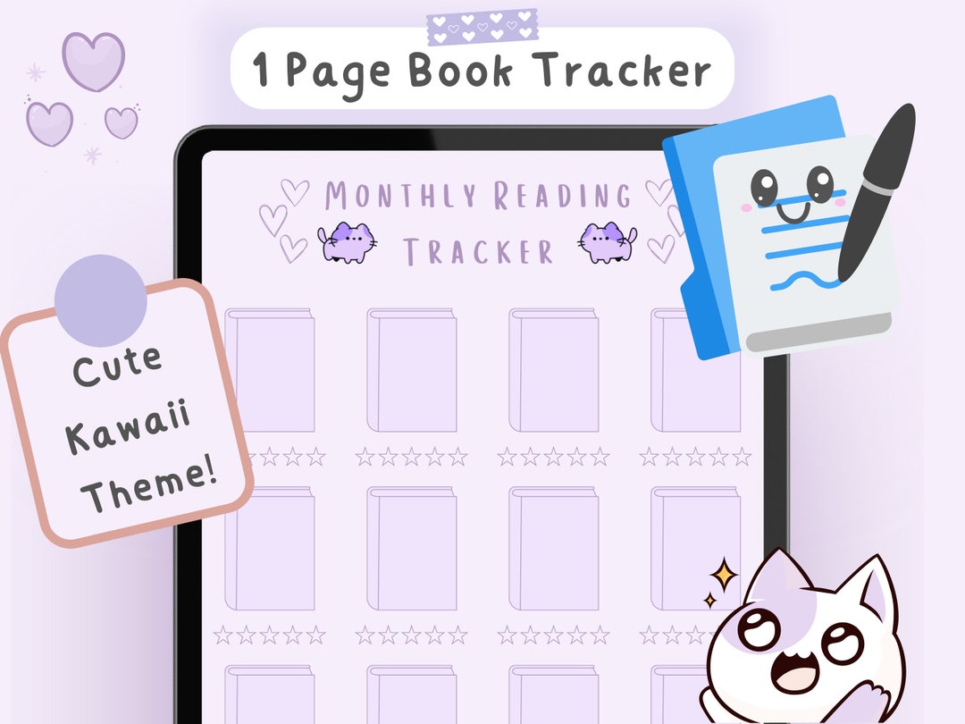 Reading Tracker Cute Kawaii Purple Blank Monthly | Digital and ...