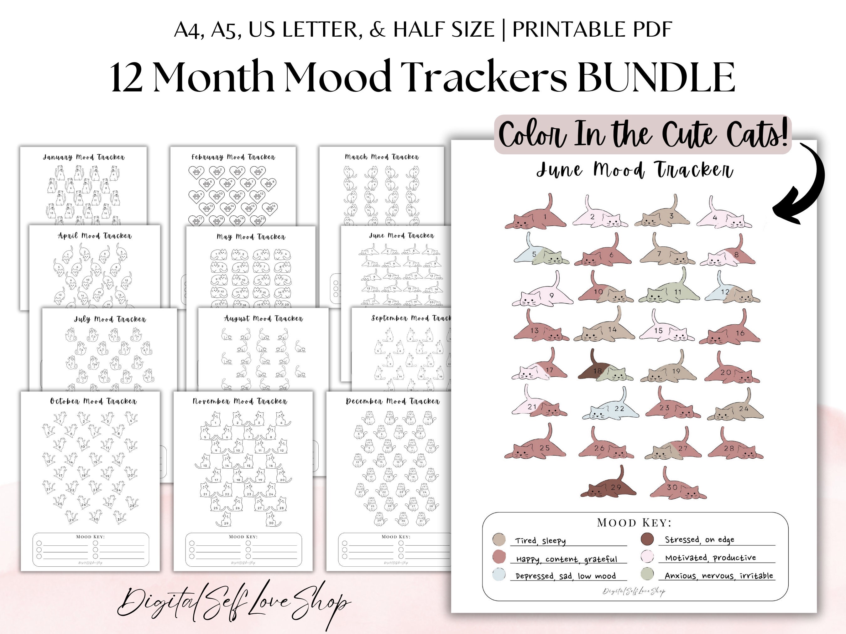Cats Mood Trackers 12 Months Bundle, Color in the Cute Cats Every Day ...