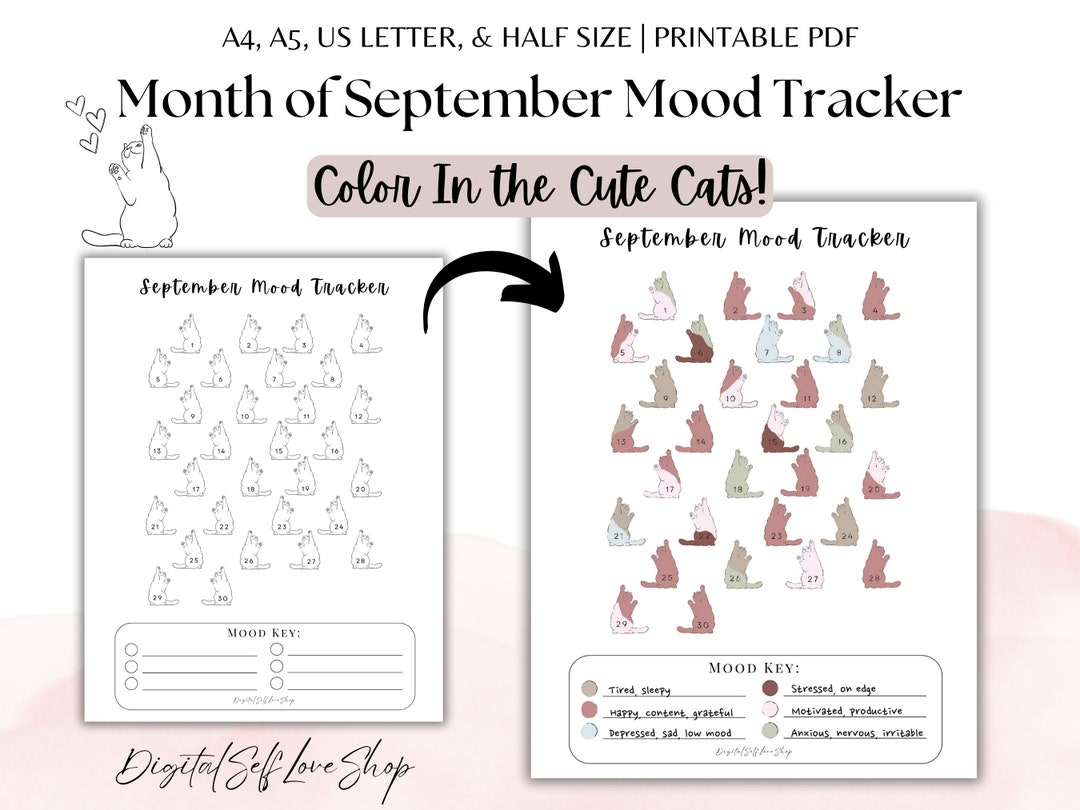Cats September Mood Tracker, Color in the Cute Cats Every Day, Digital ...