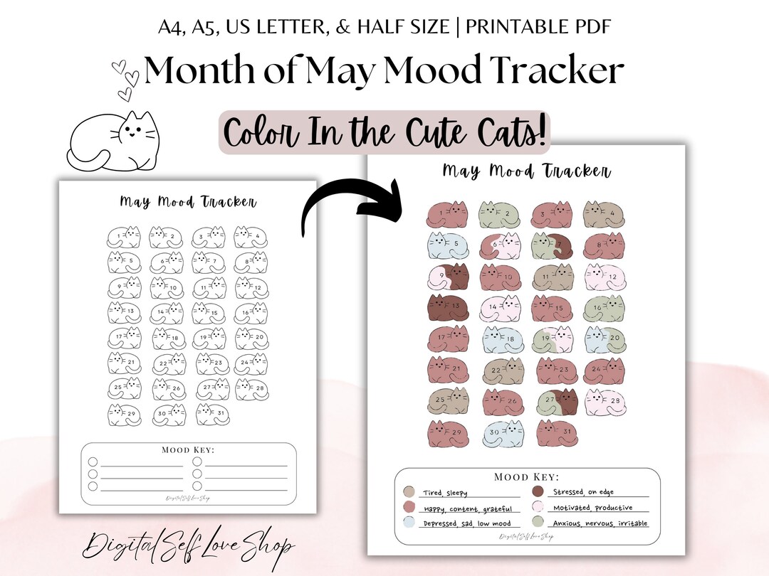 Cats May Mood Tracker, Color in the Cute Cats Every Day, Digital and ...