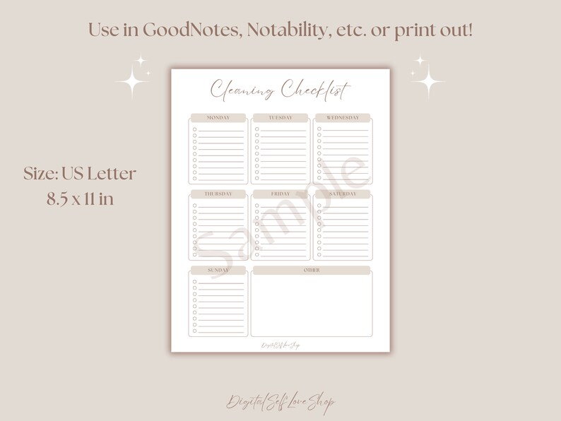 Cleaning Checklist Blank Weekly Digital and Printable 1 Page Goodnotes ...