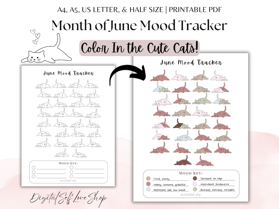 Cats June Mood Tracker, Color in the Cute Cats Every Day, Digital and ...