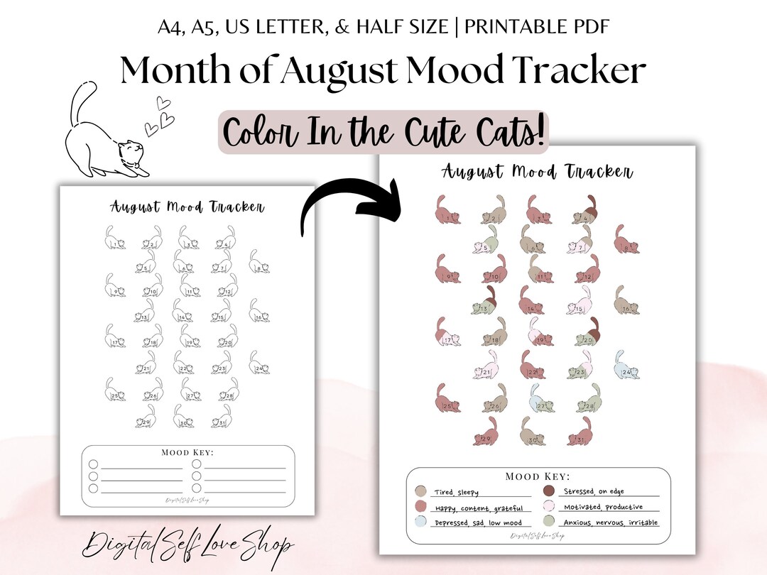 Cats August Mood Tracker, Color in the Cute Cats Every Day, Digital and ...