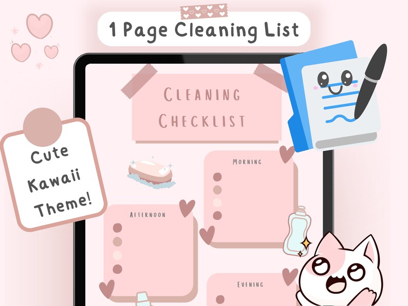 Cleaning Checklist Cute Kawaii Pink Blank Daily | Digital and Printable ...