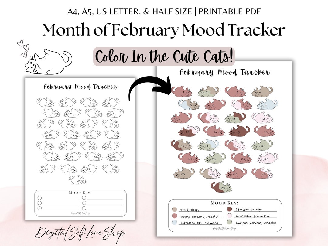 Cats February Mood Tracker, Color in the Cute Cats Every Day, Digital ...