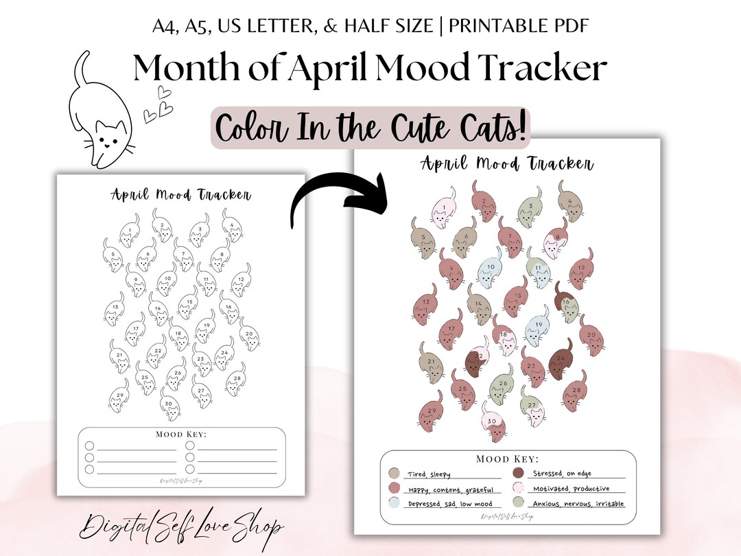Cats April Mood Tracker, Color in the Cute Cats Every Day, Digital and ...