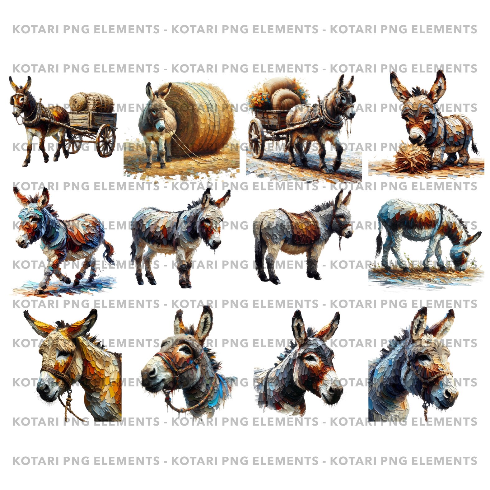 Oil Painted Donkeys Transparent PNG Clipart Commercial Use - Etsy