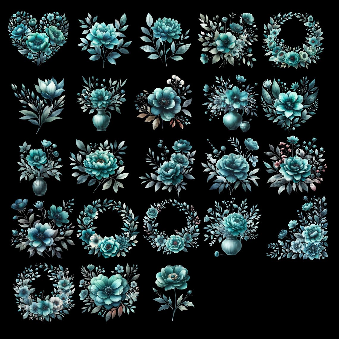 Teal Flowers - Transparent PNG Clipart - Commercial Use - Etsy