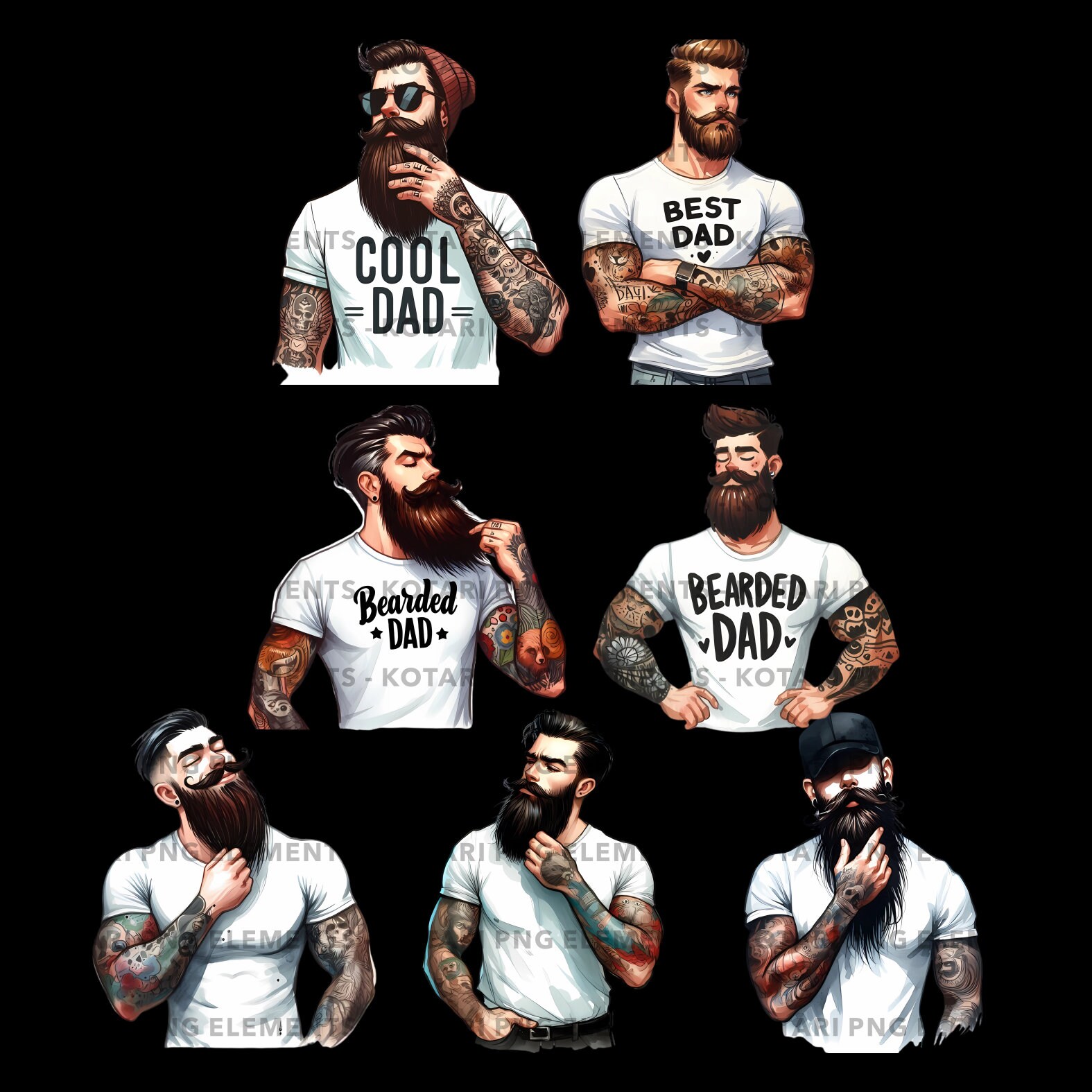 Bearded Tattoo Dad - Transparent PNG Clipart - Commercial Use - Etsy