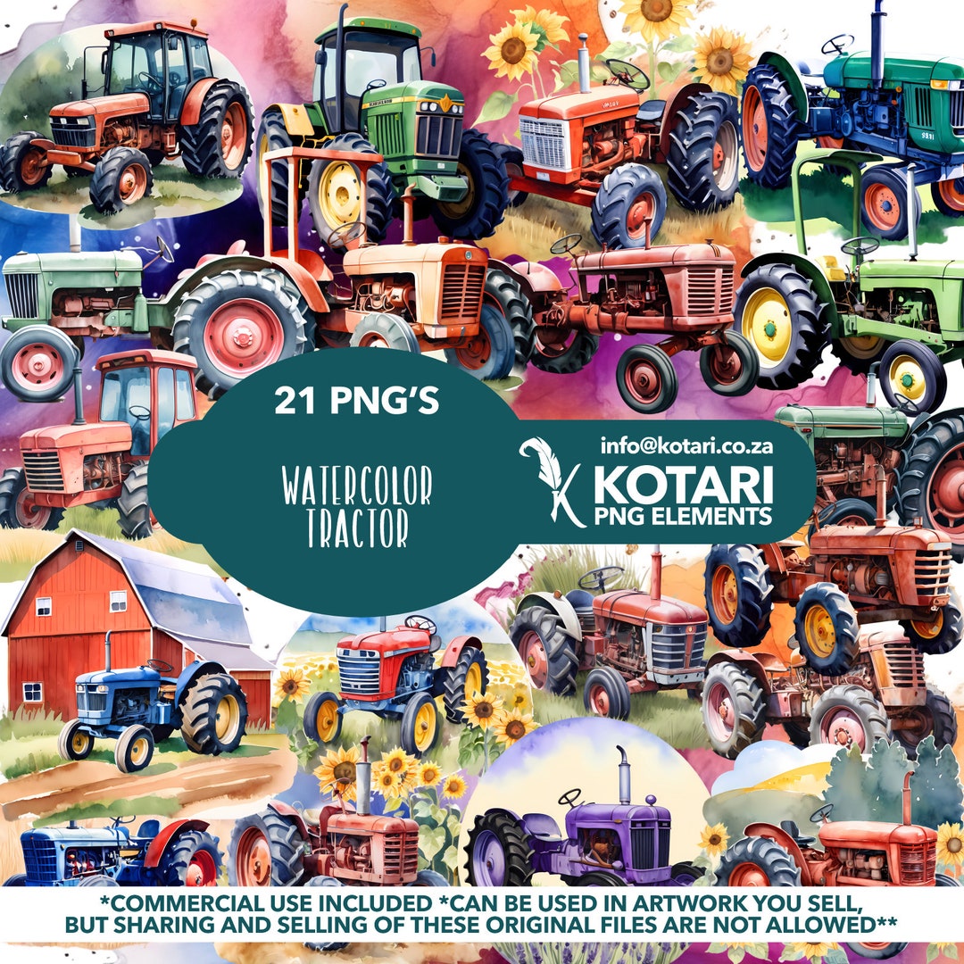 Watercolor Farm Tractor - Transparent PNG Clipart - Commercial Use - Etsy