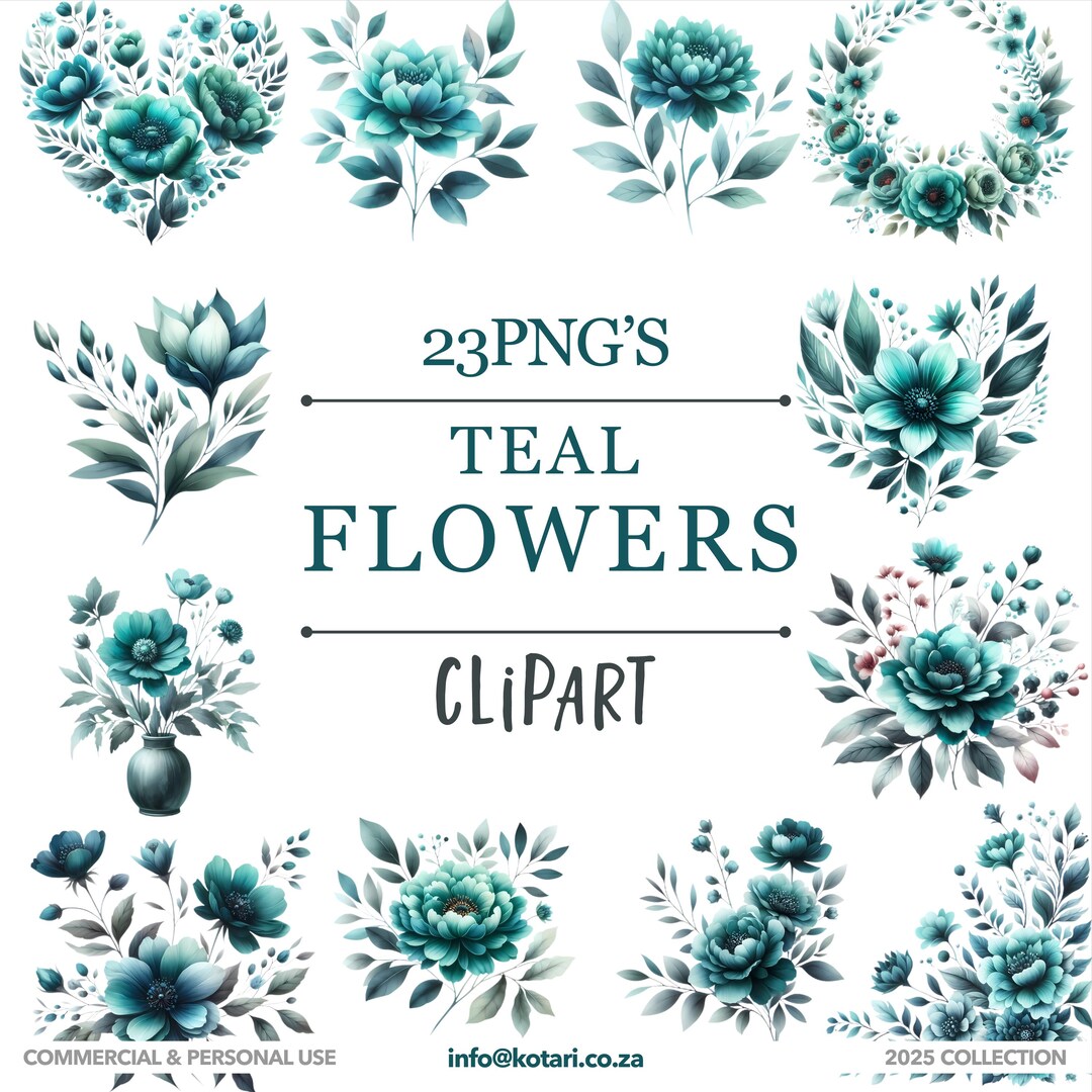 Teal Flowers - Transparent PNG Clipart - Commercial Use - Etsy