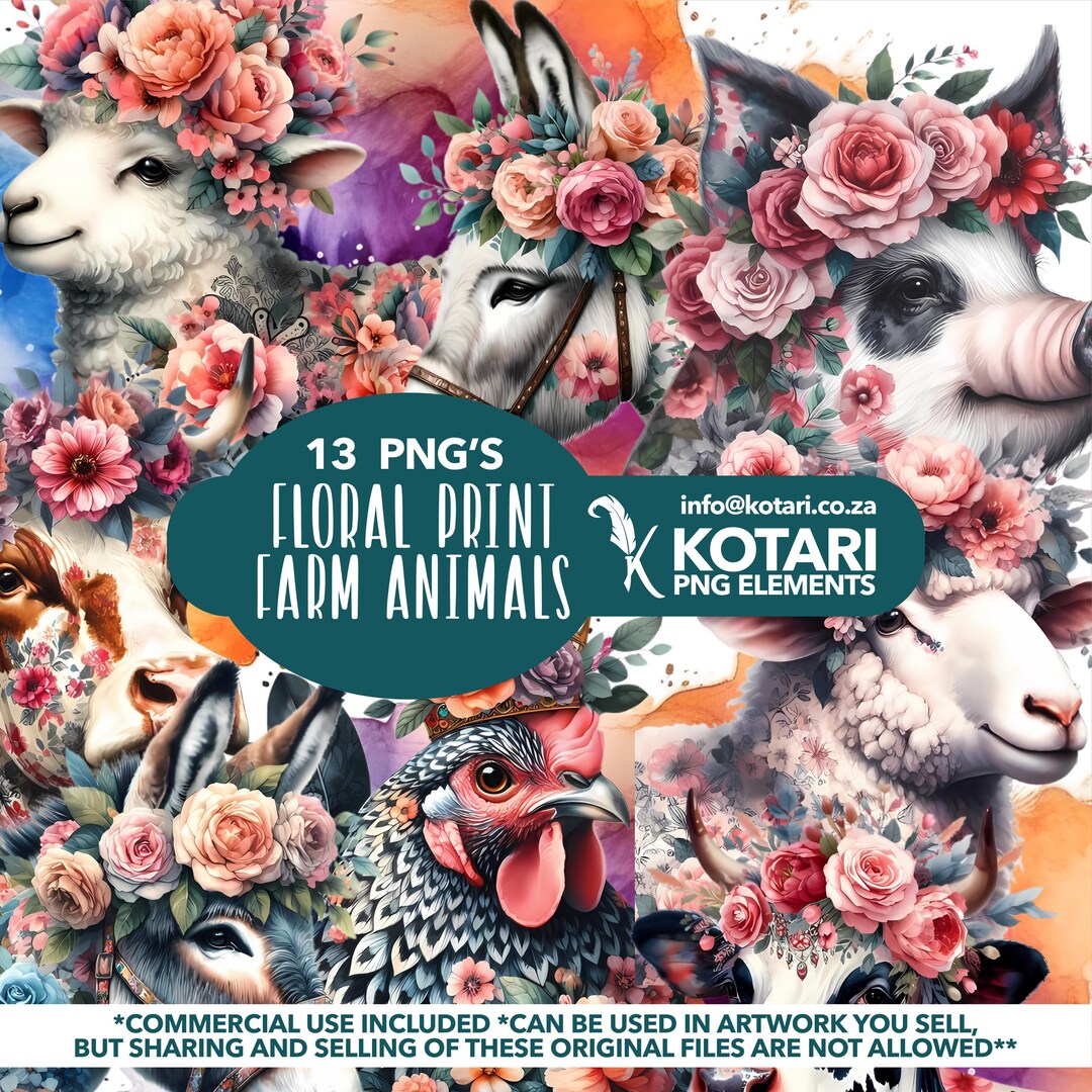 Floral Print Farm Animals - Transparent PNG Clipart - Commercial Use - Etsy