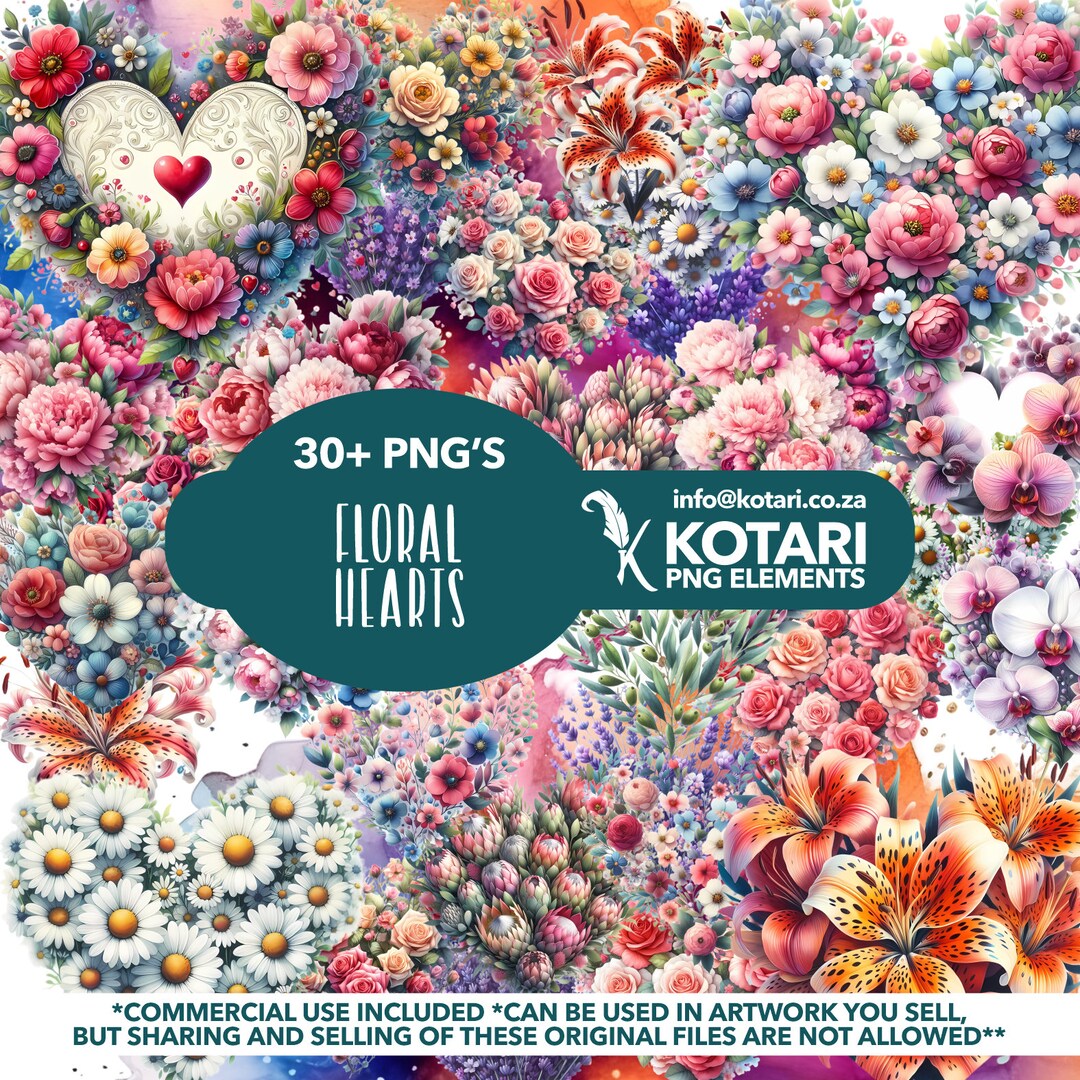 Floral Hearts - Transparent PNG Clipart - Commercial Use - Etsy