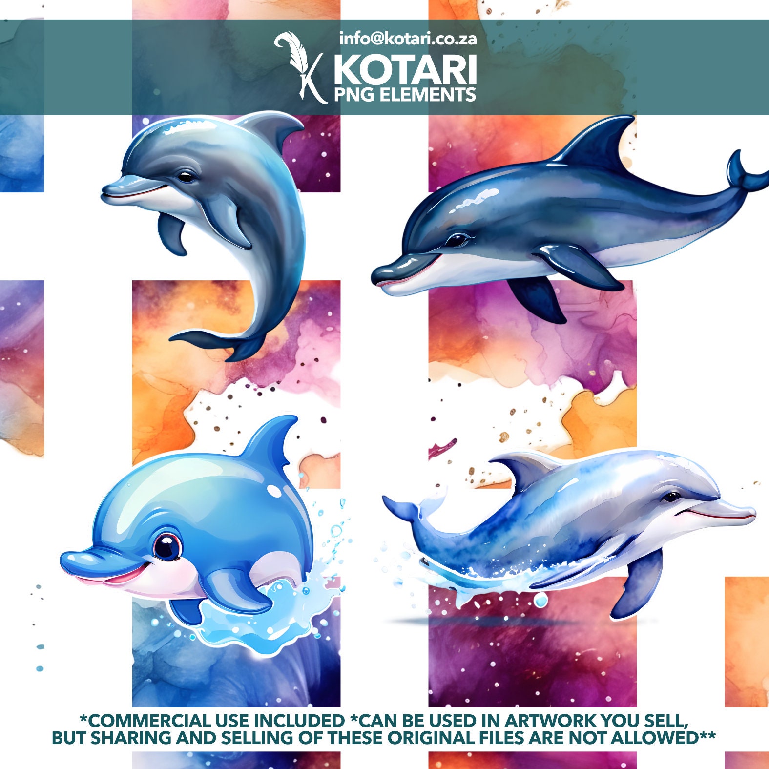 Hand Painted Dolphins - Transparent PNG Clipart - Commercial Use - Etsy
