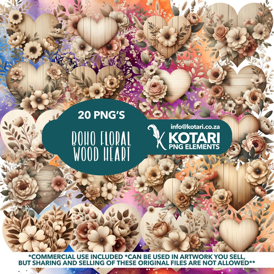 Boho Floral Wood Heart - Transparent PNG Clipart - Commercial Use - Etsy