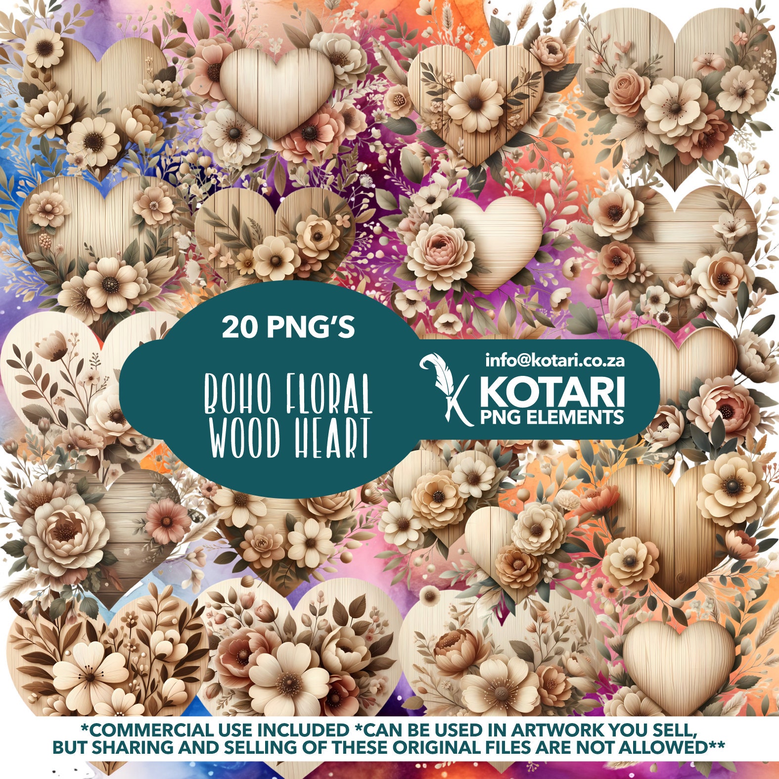Boho Floral Wood Heart Transparent PNG Clipart Commercial Use - Etsy