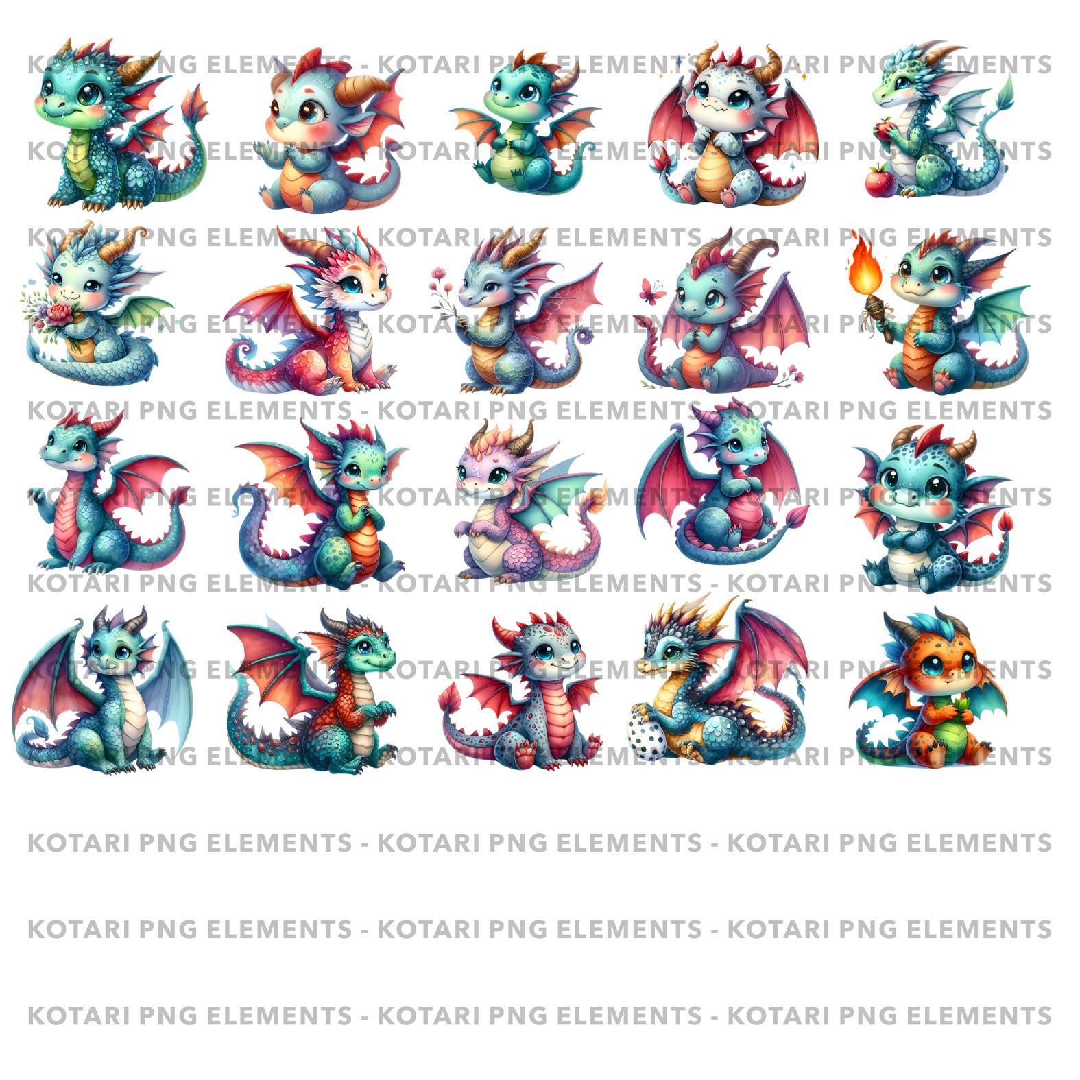 Cute Dragons - Transparent PNG Clipart - Commercial Use - Etsy