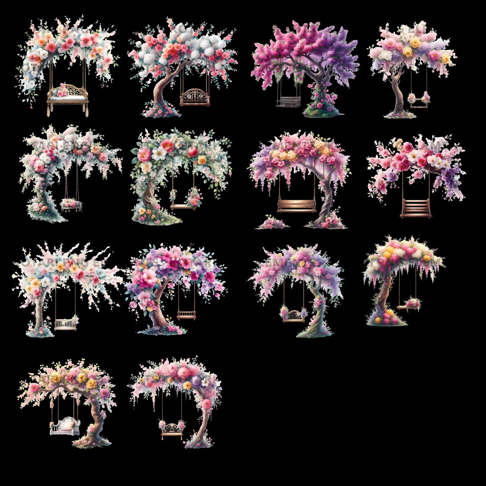 Floral Tree With Swing - Transparent PNG Clipart - Commercial Use - Etsy