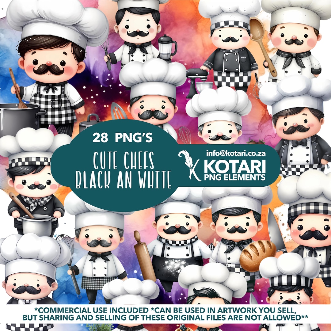 Cute Chefs Black and White - Transparent PNG Clipart - Commercial Use ...