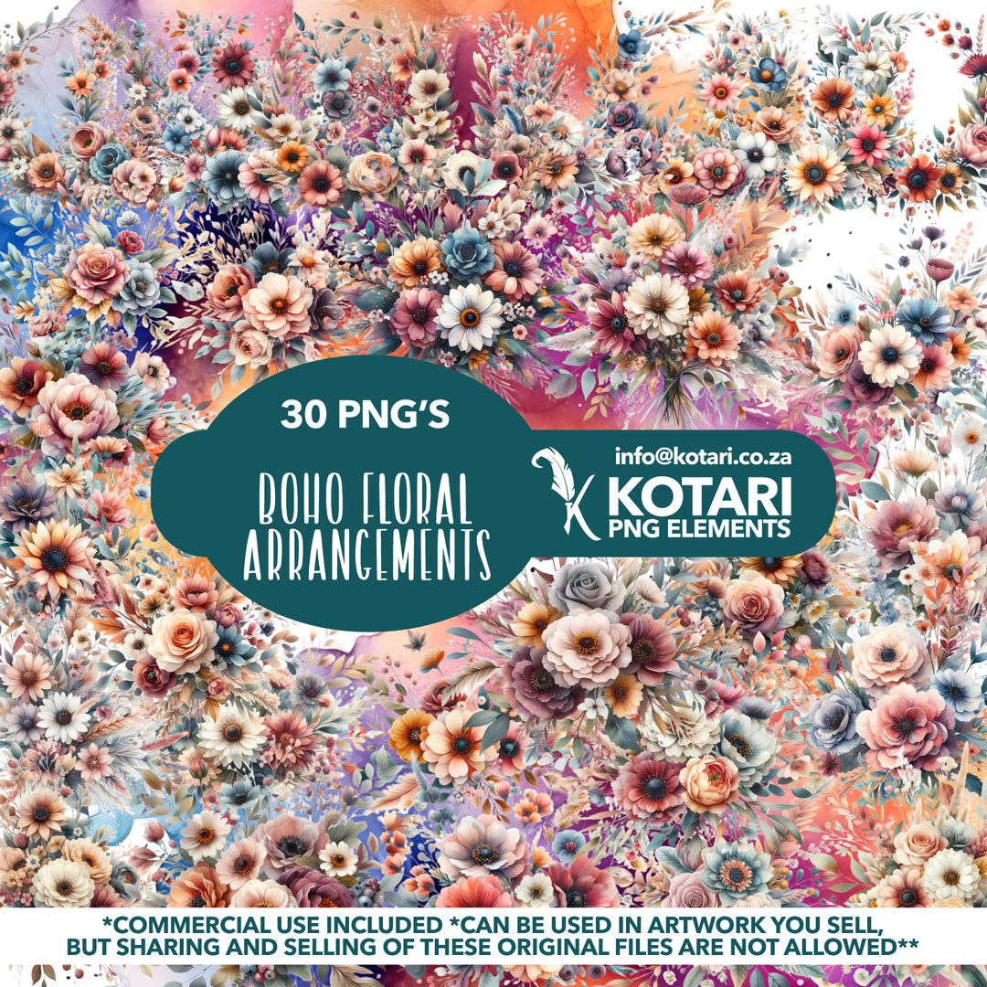 Boho Flowers - Transparent PNG Clipart - Commercial Use - Etsy