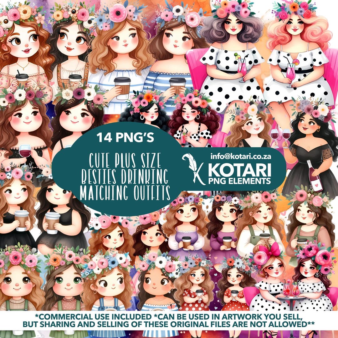 Plus Size Besties Clipart: Drinking, Matching Outfits (PNG) - Etsy