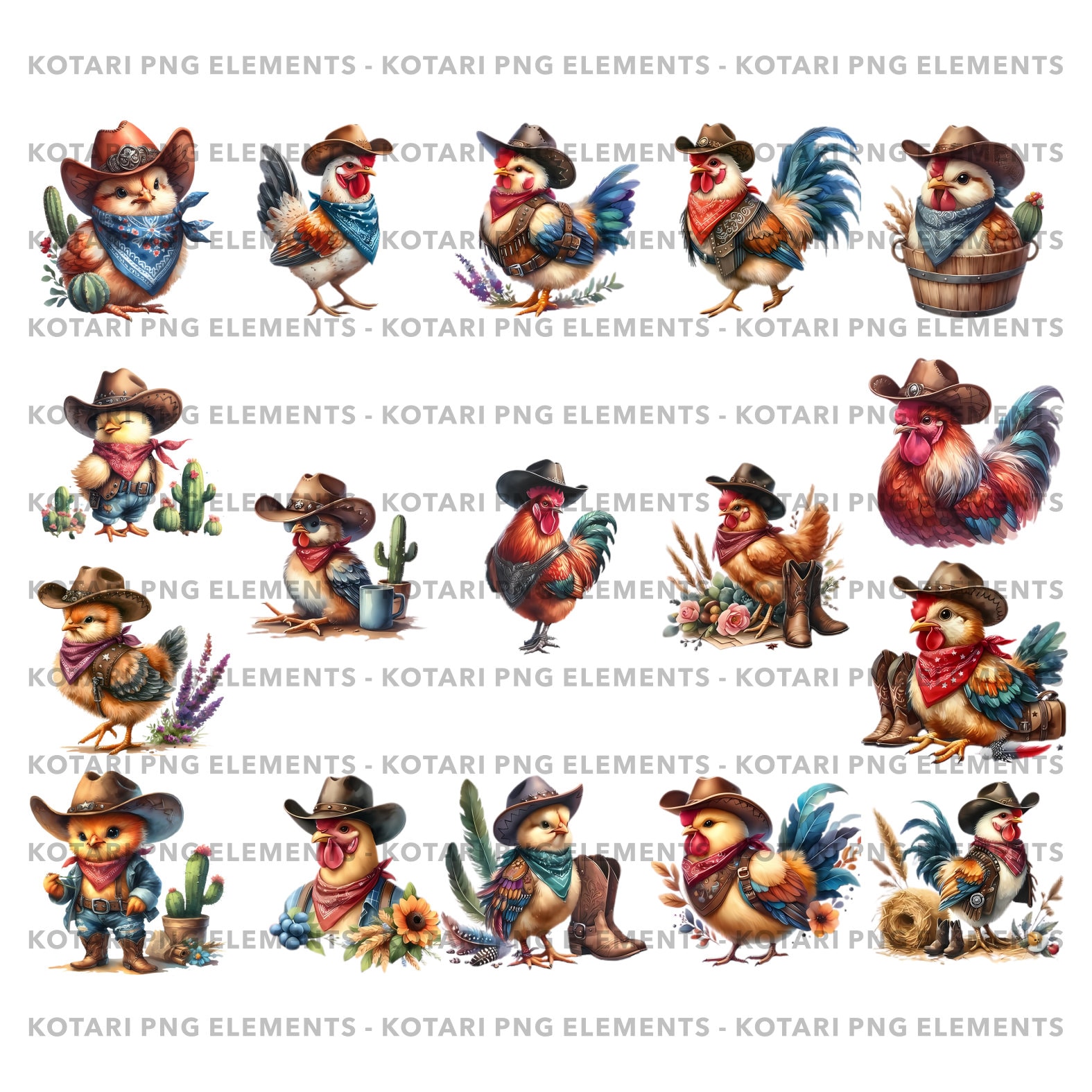 Cowboy Chickens Transparent PNG Clipart Commercial Use - Etsy