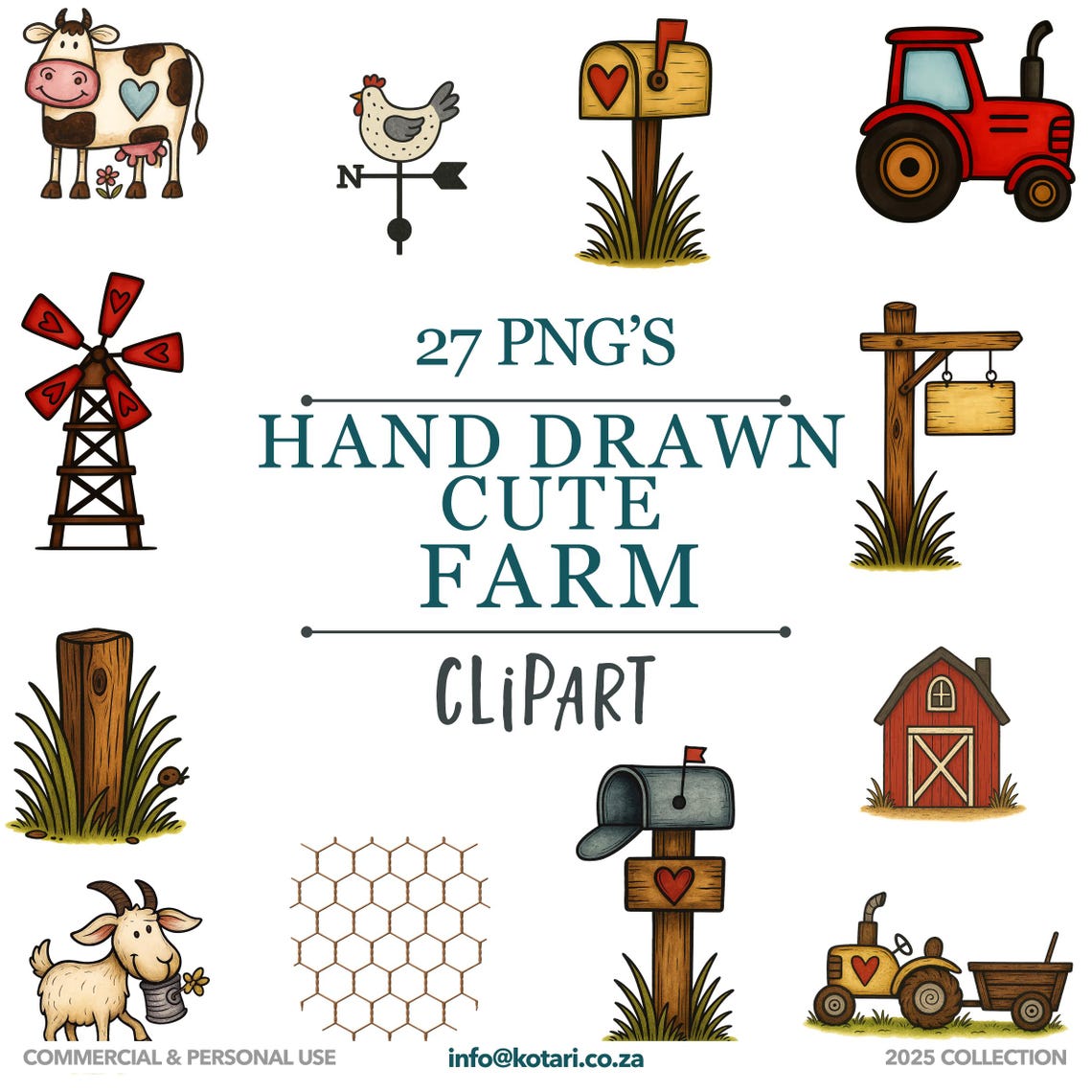 Hand Drawn Cute Farm - Transparent PNG Clipart - Commercial Use - Etsy