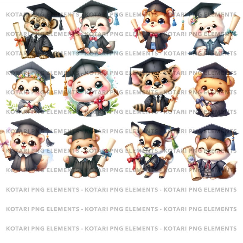 Graduating Cute Animals Transparent PNG Clipart Commercial Use - Etsy