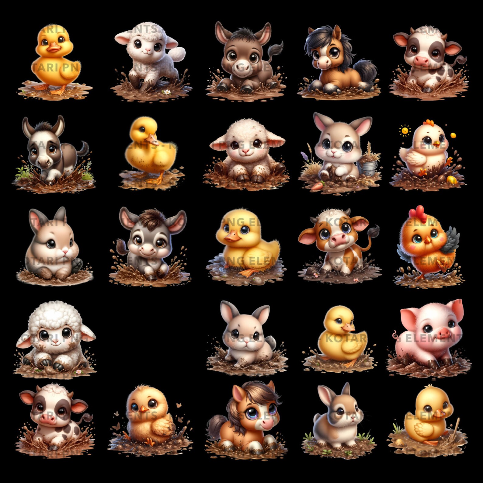 Cute Muddy Farm Animals Clipart – 24 PNG Images (commercial Use) - Etsy