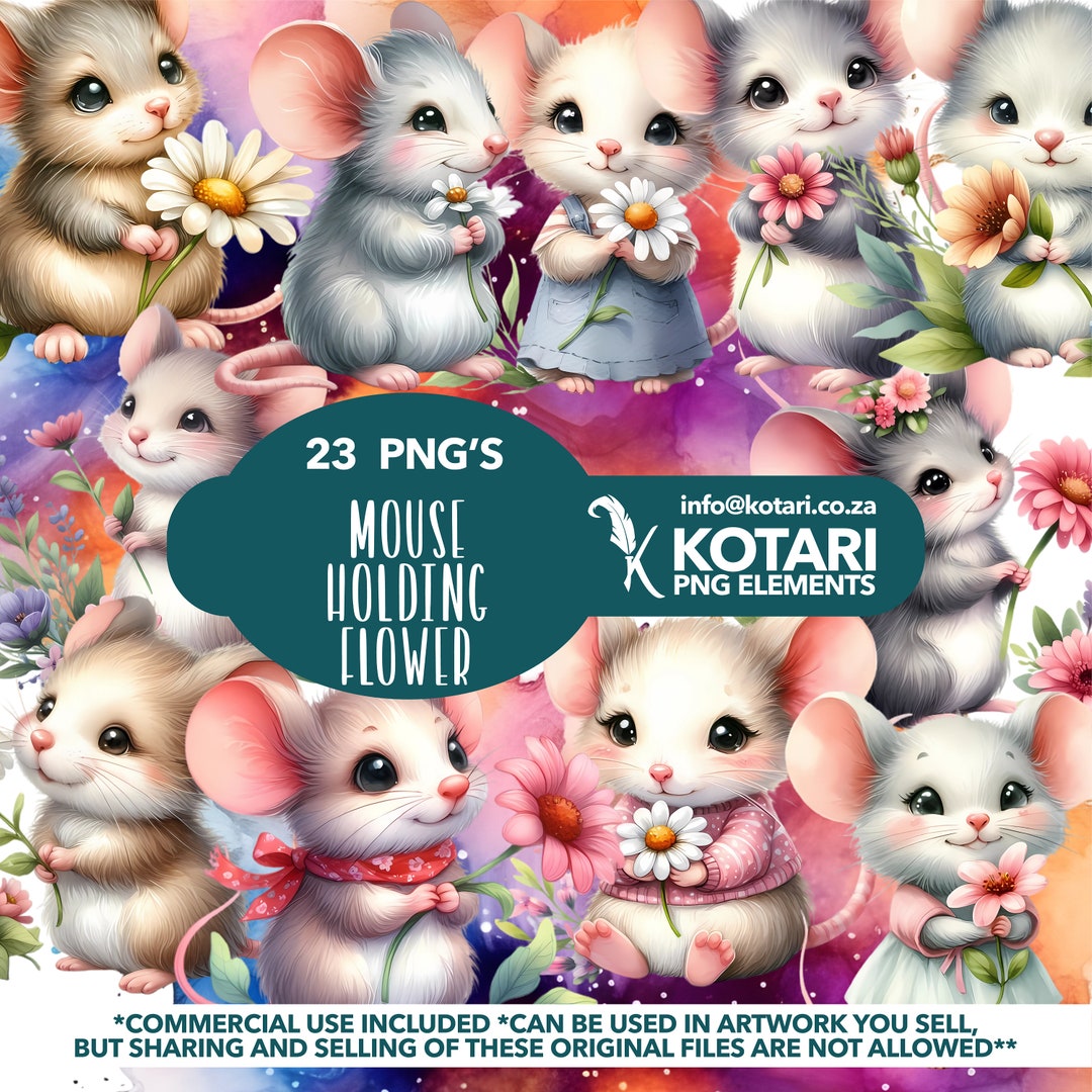 Cute Mouse Holding A Flower - Transparent PNG Clipart - Commercial Use ...