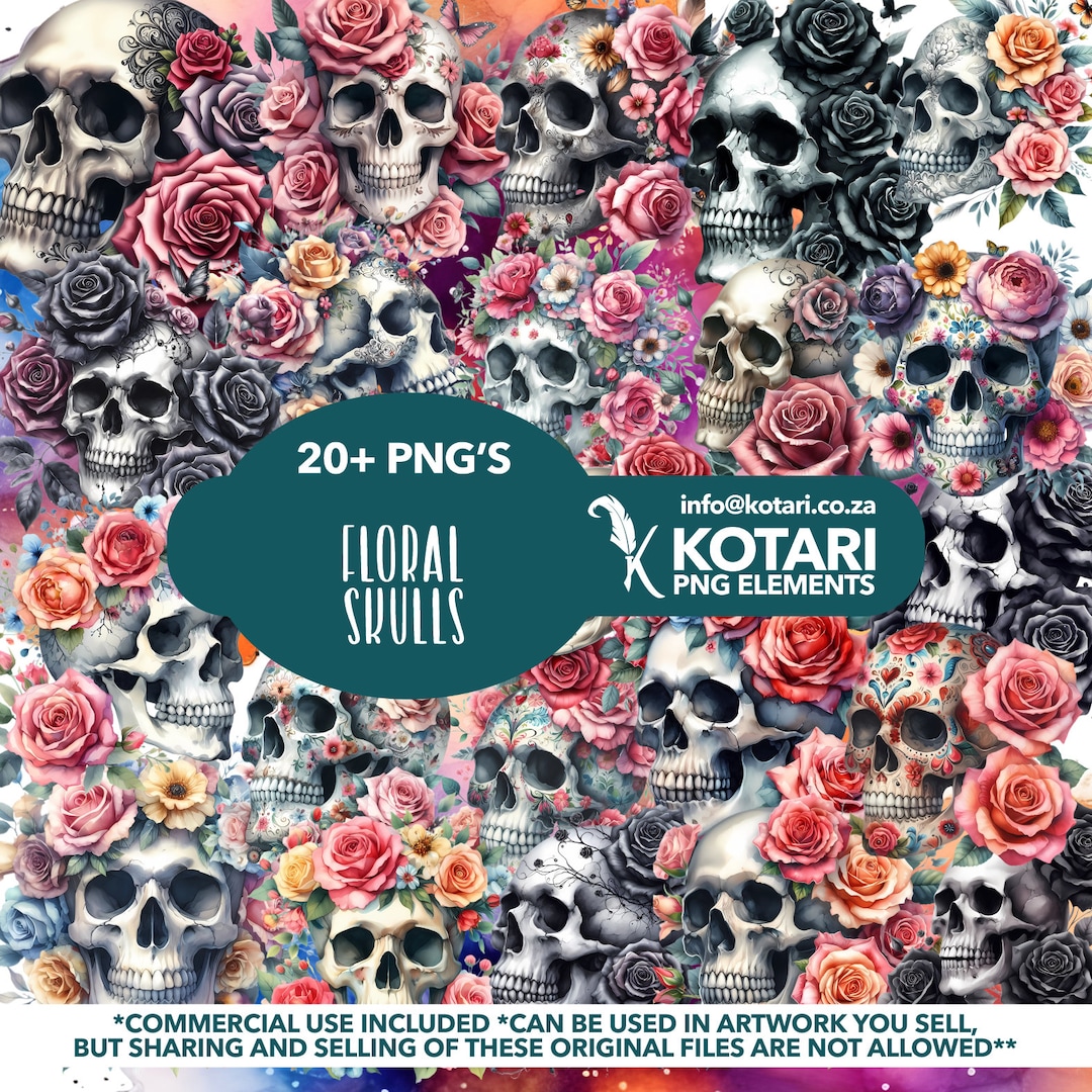 Skull and Roses - Transparent PNG Clipart - Commercial Use - Etsy