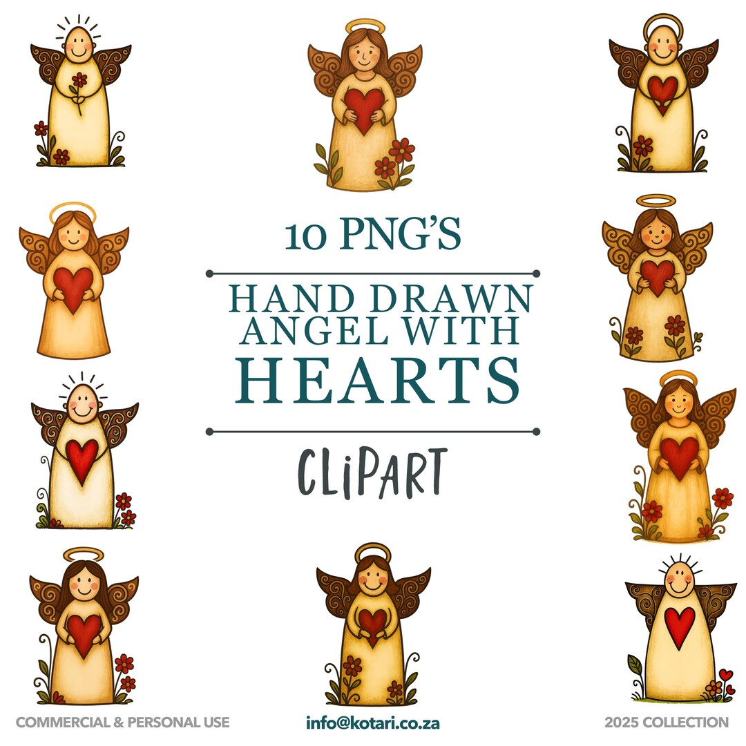 Hand Drawn Angels With Heart - Transparent PNG Clipart - Commercial Use ...