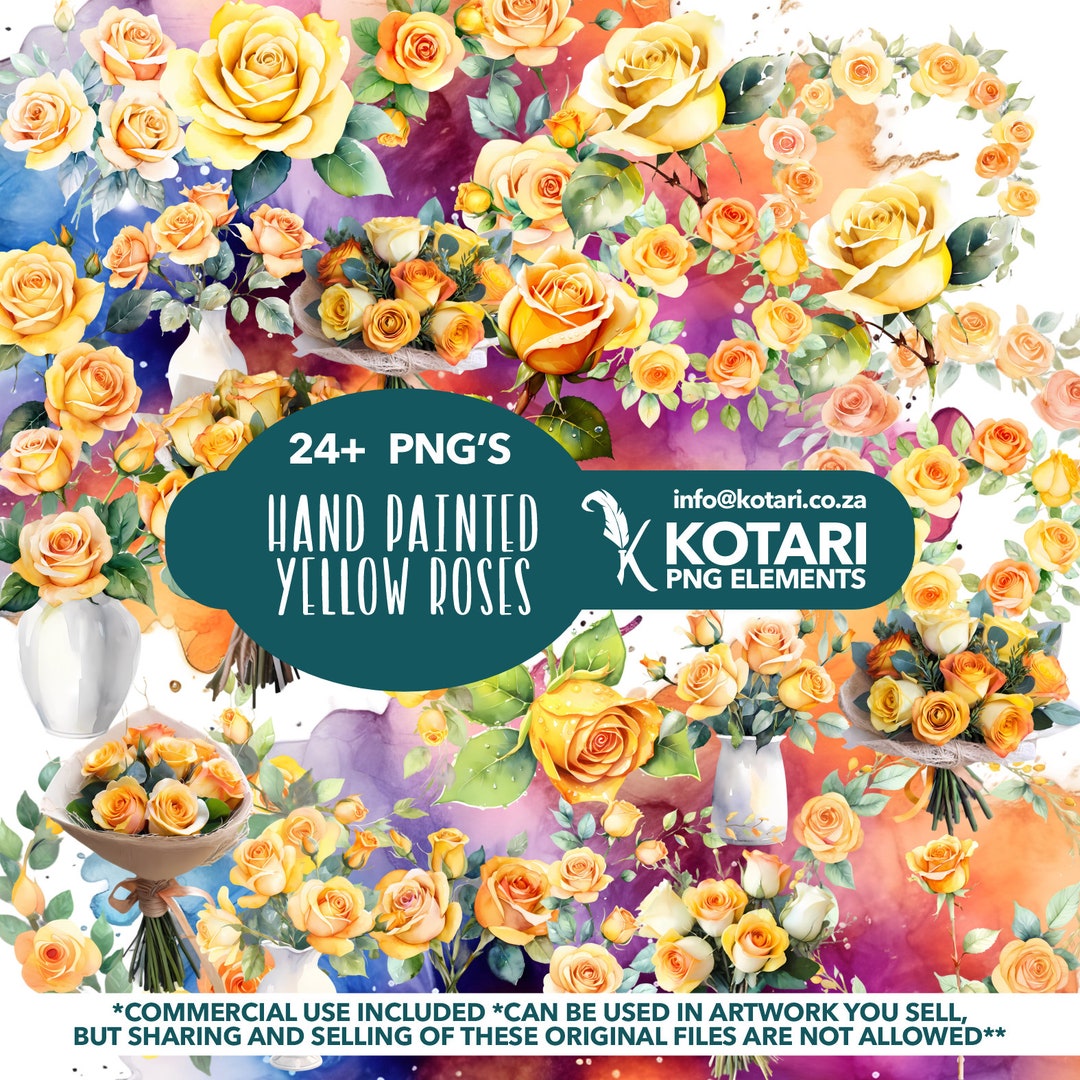Hand Painted Yellow Roses - Transparent PNG Clipart - Commercial Use - Etsy