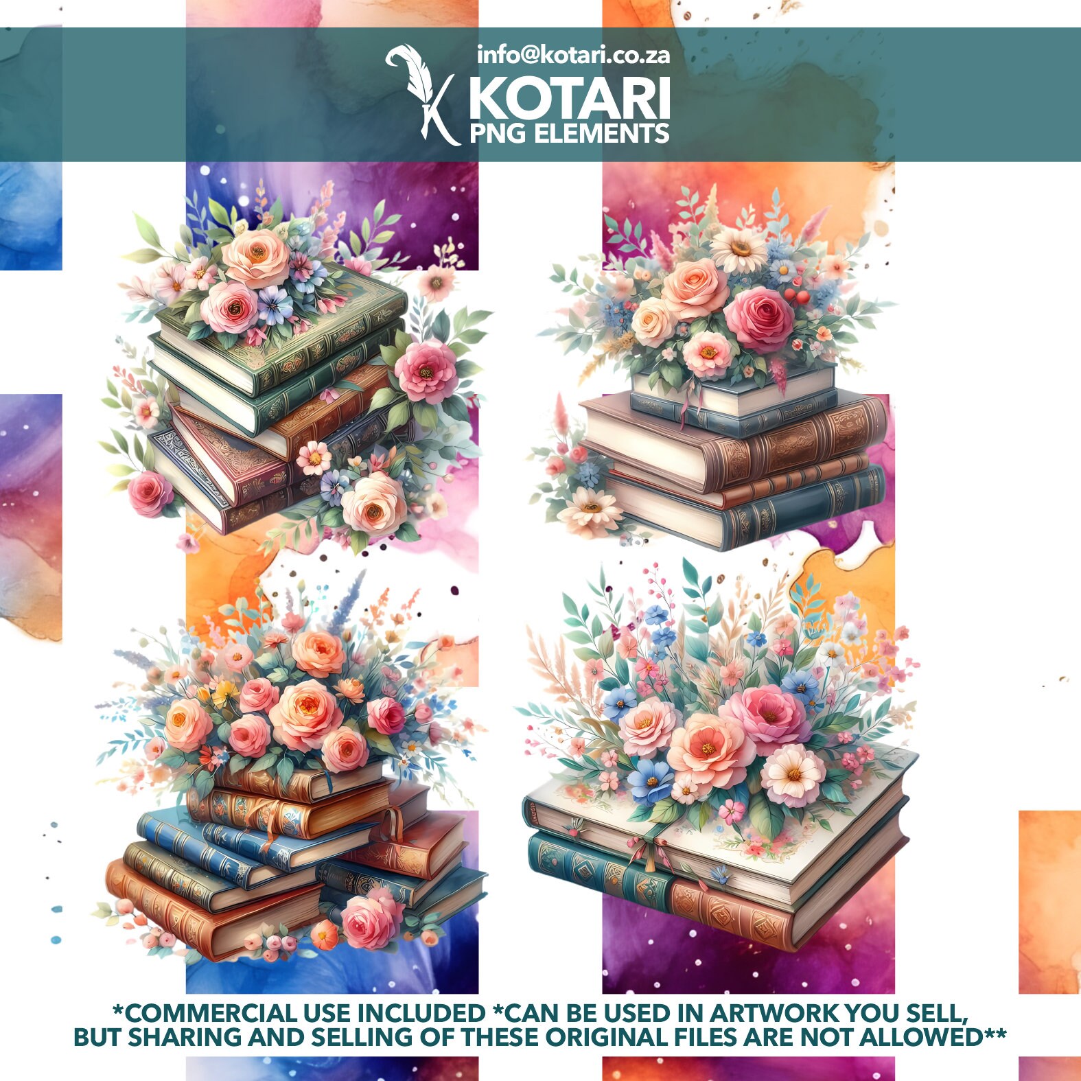 Floral Books - Transparent PNG Clipart - Commercial Use - Etsy