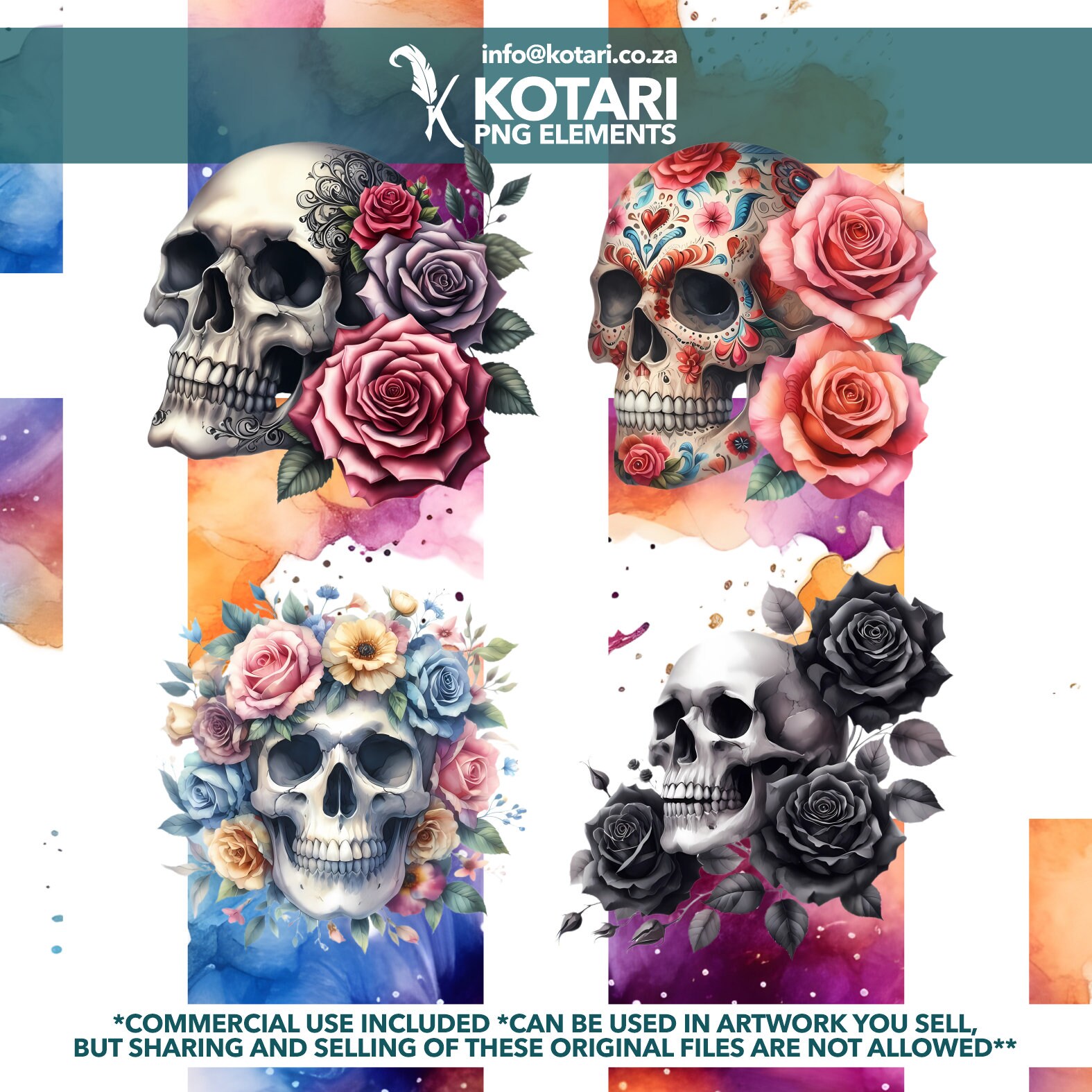 Skull and Roses - Transparent PNG Clipart - Commercial Use - Etsy