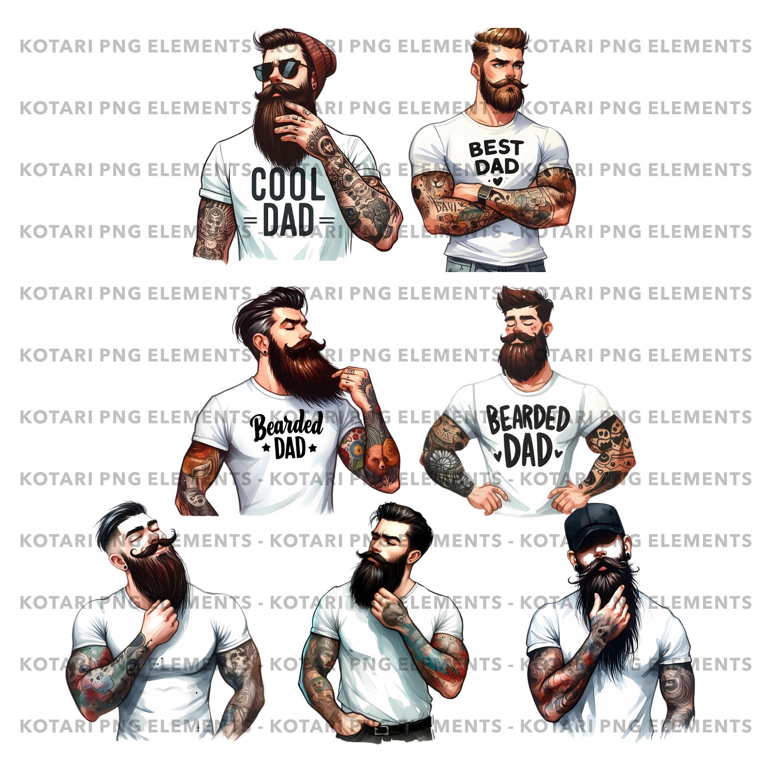 Bearded Tattoo Dad - Transparent PNG Clipart - Commercial Use - Etsy