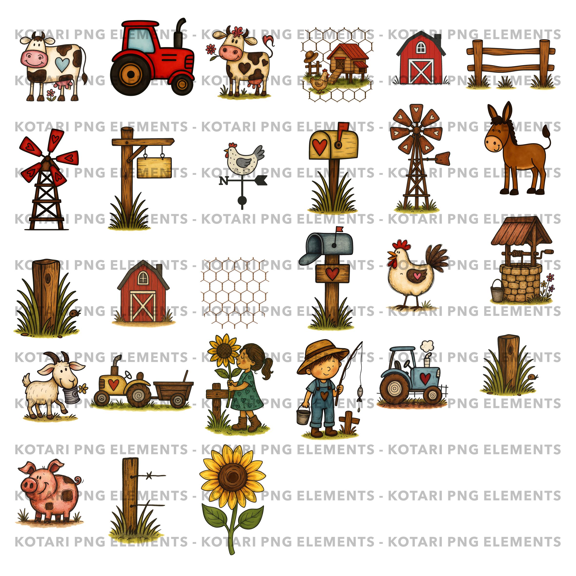 Hand Drawn Cute Farm - Transparent PNG Clipart - Commercial Use - Etsy