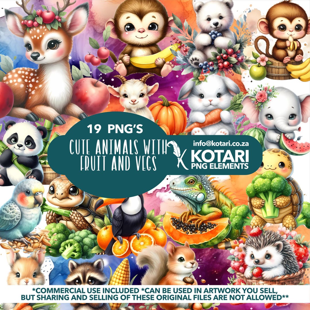 Cute Animals With Fruit and Vegs - Transparent PNG Clipart - Commercial ...