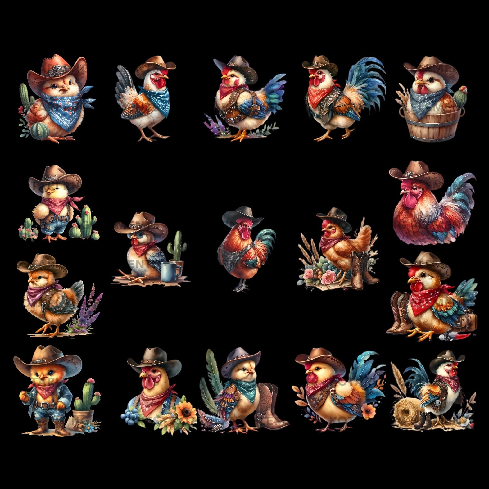 Cowboy Chickens Transparent PNG Clipart Commercial Use - Etsy