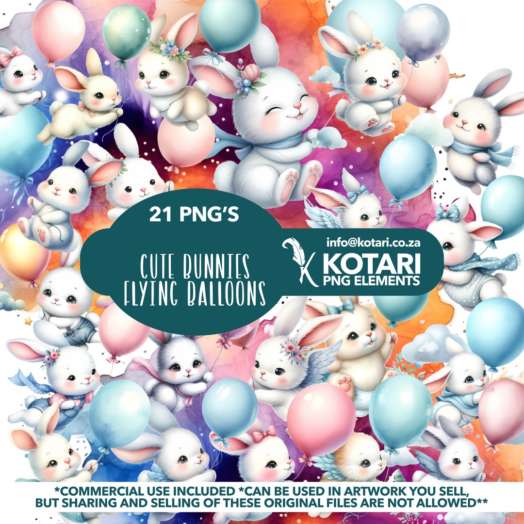 Bunny Flying With Balloon Clipart: Transparent PNG, Commercial Use - Etsy