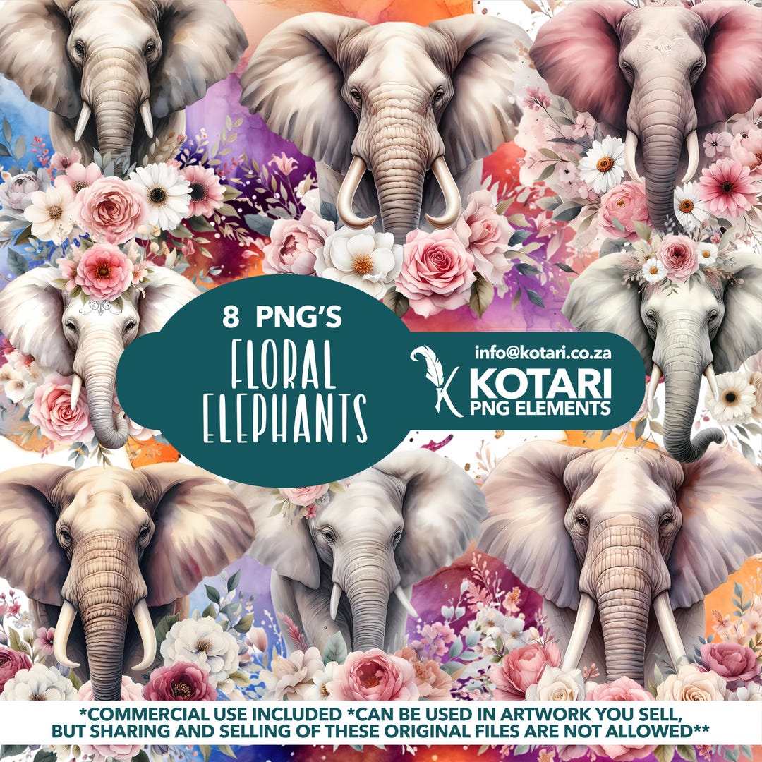 Floral Elephants - Transparent PNG Clipart - Commercial Use - Etsy