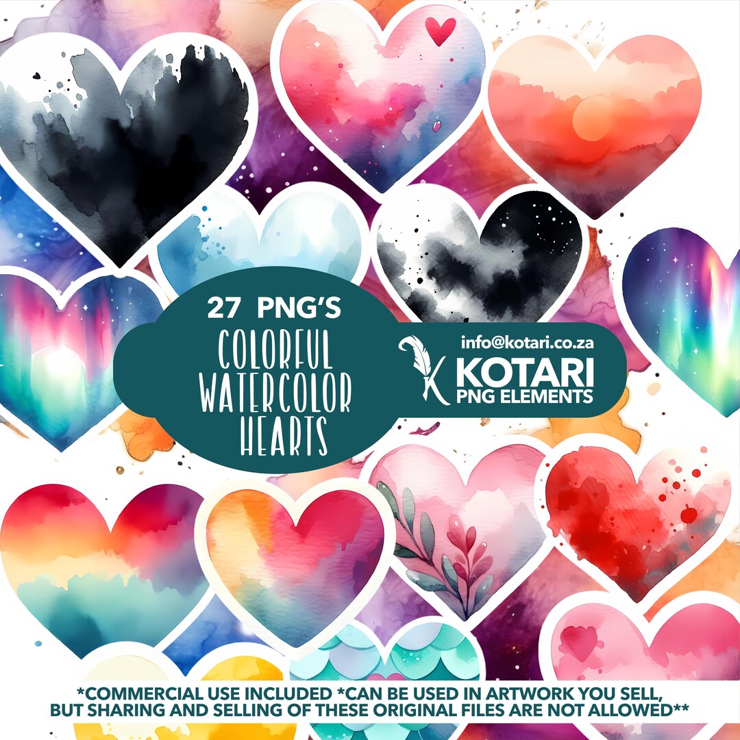 Colorful Watercolor Hearts - Transparent PNG Clipart - Commercial Use ...