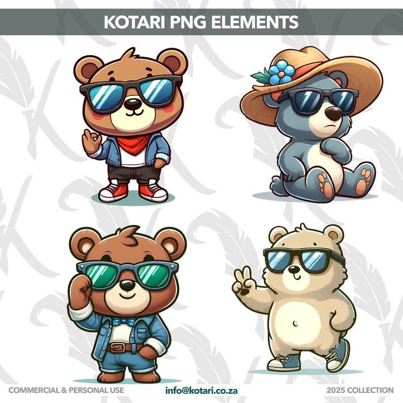 Cartoon Cute Cool Bears - Transparent PNG Clipart - Commercial Use - Etsy