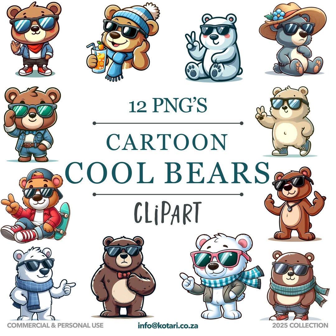 Cartoon Cute Cool Bears - Transparent PNG Clipart - Commercial Use - Etsy