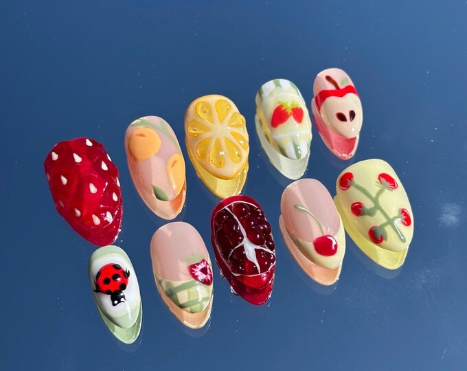 Fruit Summer Press on Nails, Spring Picnic Nails, 3D Fruit Fake Nails ...