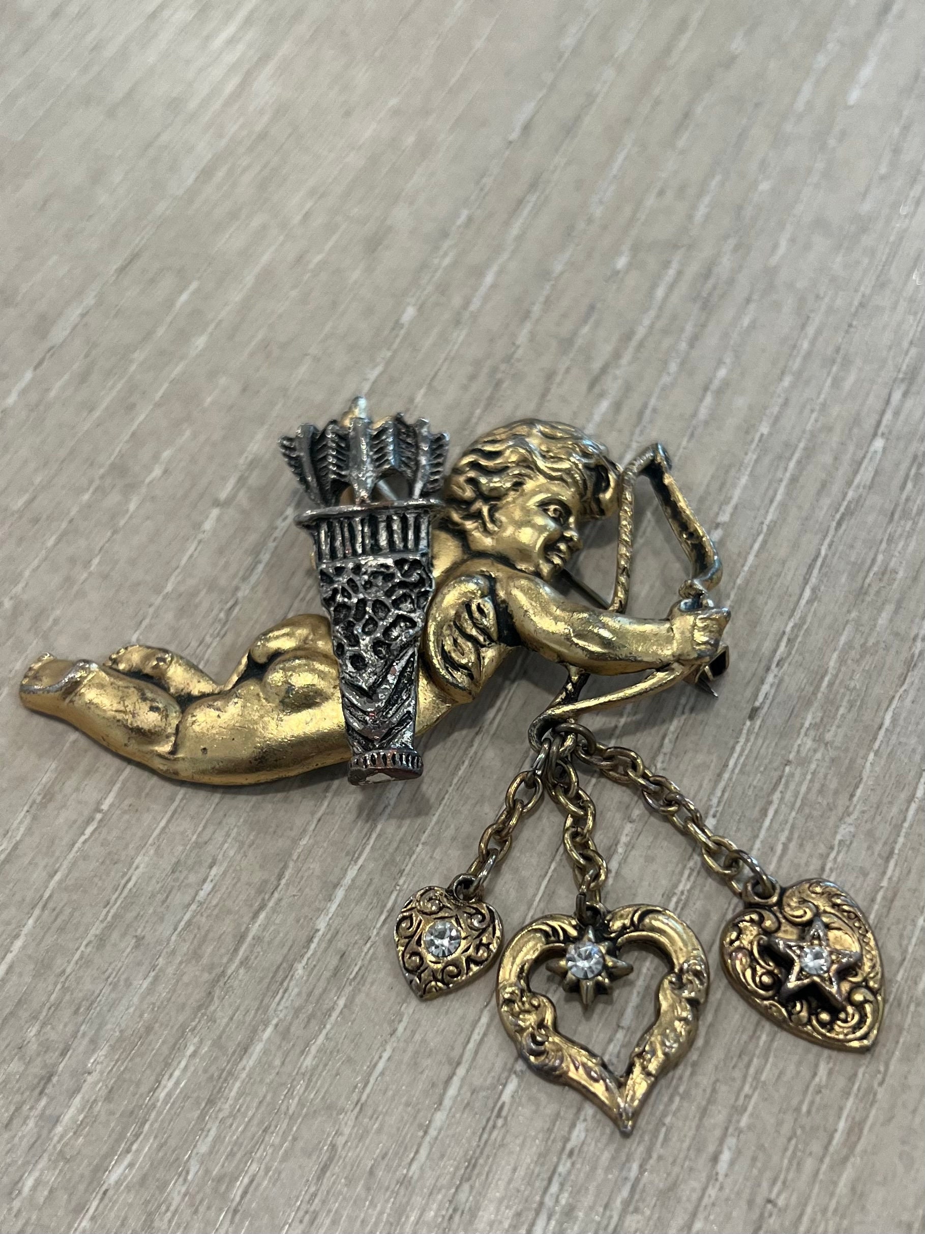 Vintage Gold Tone Dangle Heart Charm Cupid Angel Brooch - Etsy
