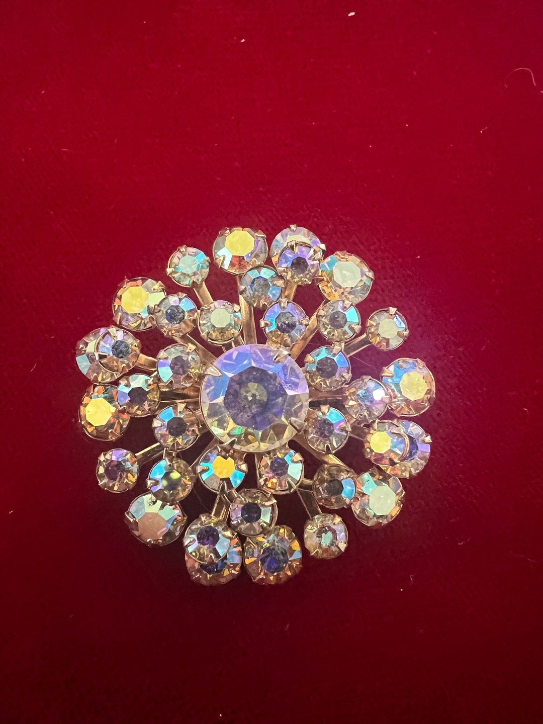 Vintage Large Selini Aurora Borealis Rhinestone Brooch Gold Tone Circle ...