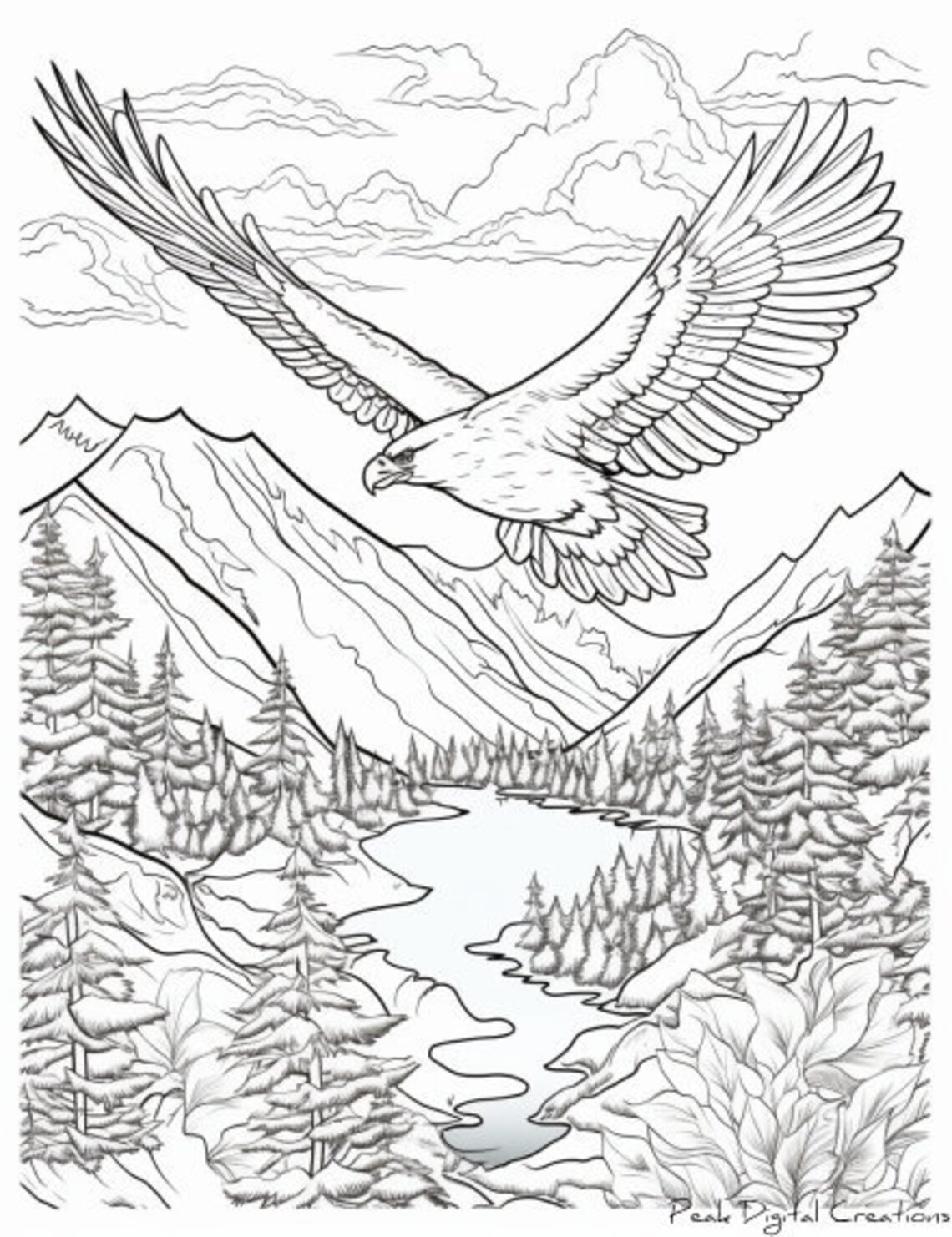 Majestic Mountain Peaks: Coloring Page With Soaring Eagle - Etsy