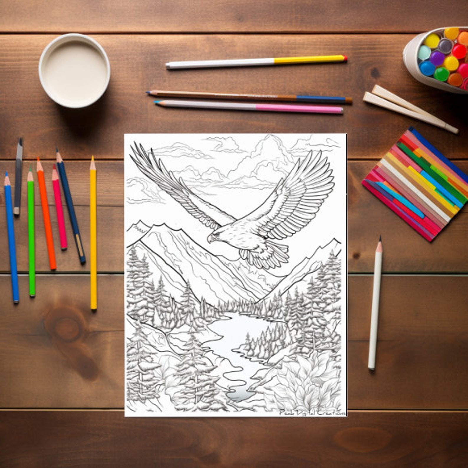 Majestic Mountain Peaks: Coloring Page With Soaring Eagle - Etsy