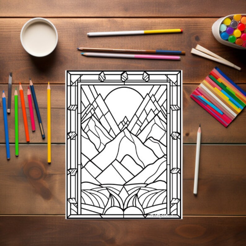 Mountains Stained Glass Style Coloring Page Pack - 30 Pages - Etsy